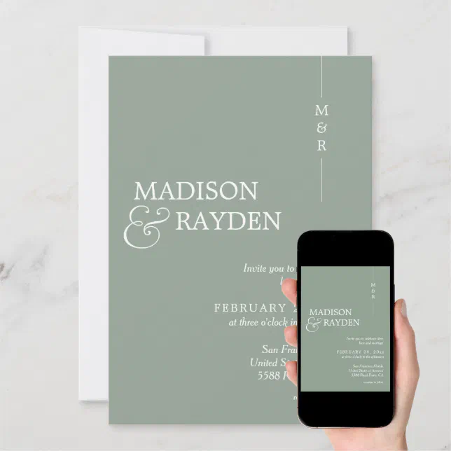 Modern Simple Sage Green Monogram Photo Wedding Invitation | Zazzle