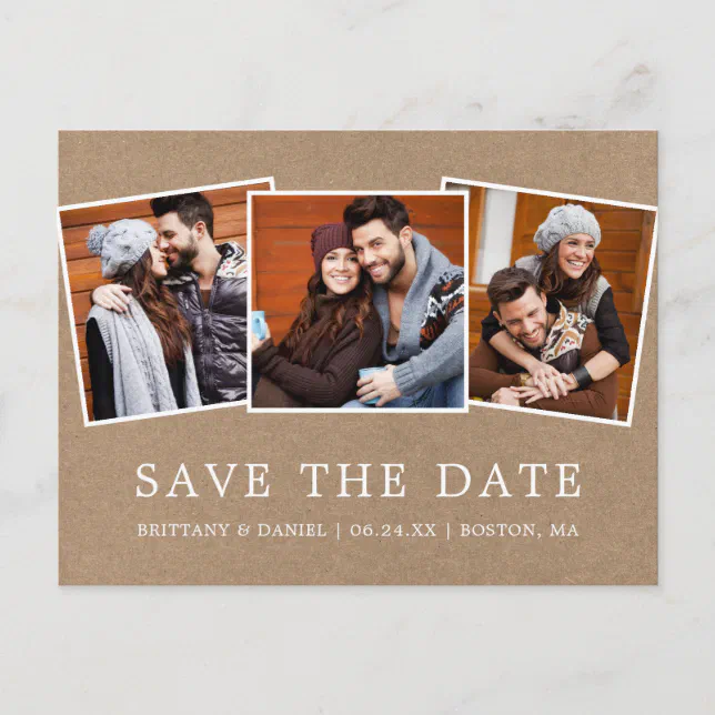 Modern Simple Save Our Date 3 Photo Kraft Postcard | Zazzle