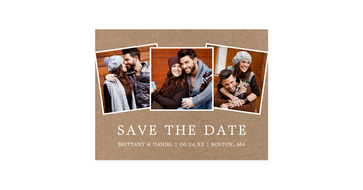 Modern Simple Save Our Date 3 Photo Kraft Postcard | Zazzle.com