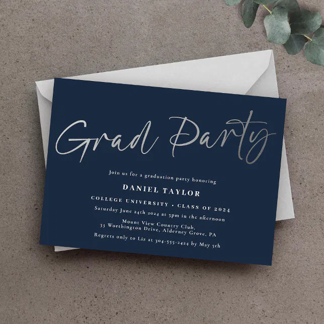 Modern Simple Script Blue Silver Graduation Party Foil Invitation | Zazzle