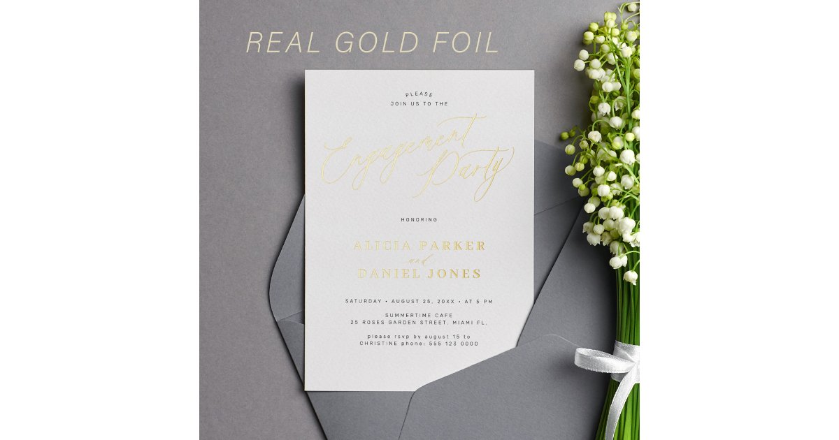 Modern simple script gold foil engagement party foil invitation | Zazzle