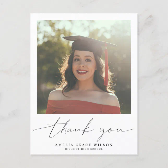 Modern Simple Script Graduation Photo Thank you Postcard | Zazzle