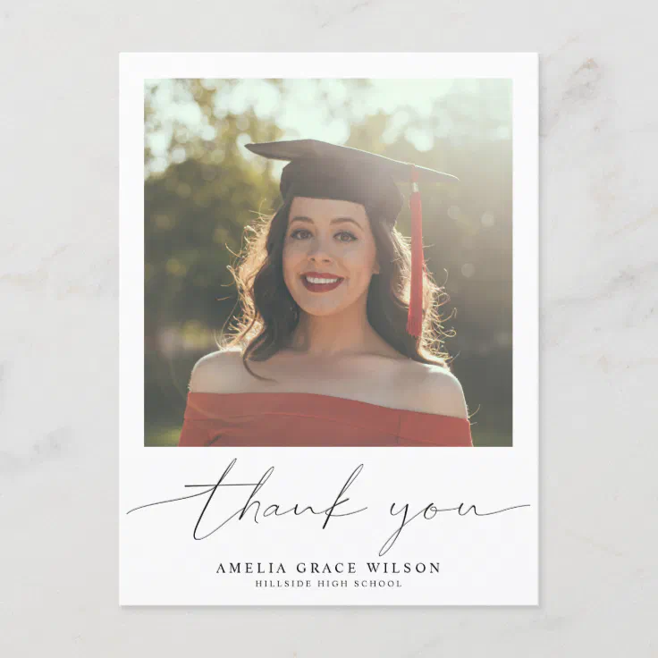 Modern Simple Script Graduation Photo Thank you Postcard | Zazzle