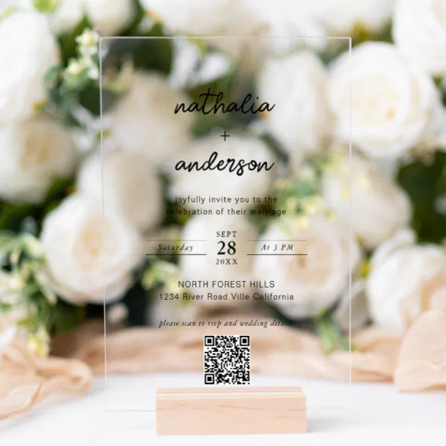 Modern Simple Script QR Code Wedding Acrylic Invitations | Zazzle