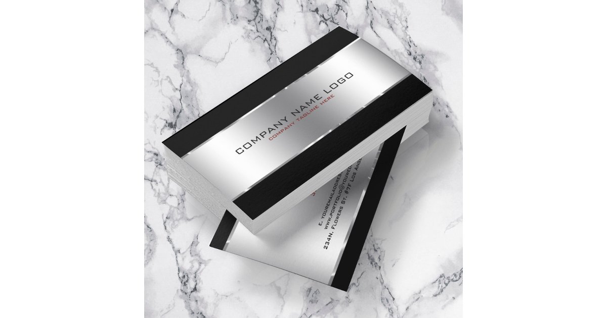 Modern Simple Shiny Metallic Silver And Black Business Card | Zazzle