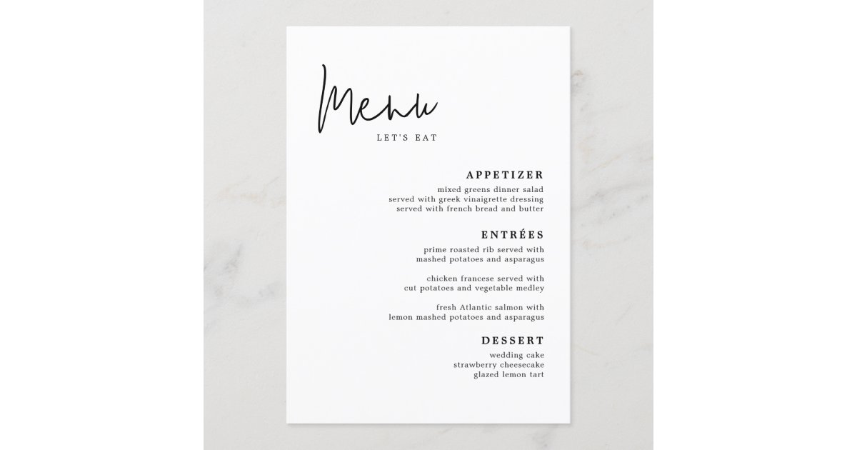 Modern Simple Wedding Table Menu Cards Flat Menu | Zazzle