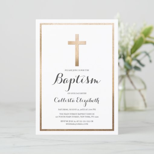 Modern Simple White Gold Cross Border Baptism Invitation | Zazzle