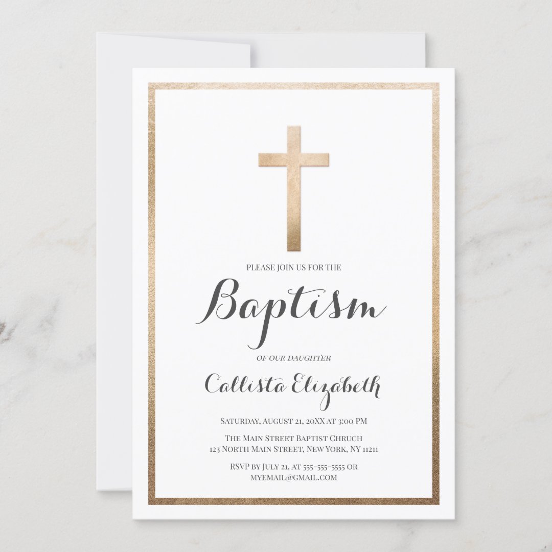 Modern Simple White Gold Cross Border Baptism Invitation | Zazzle