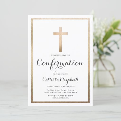 Modern Simple White Gold Cross Border Confirmation Invitation | Zazzle