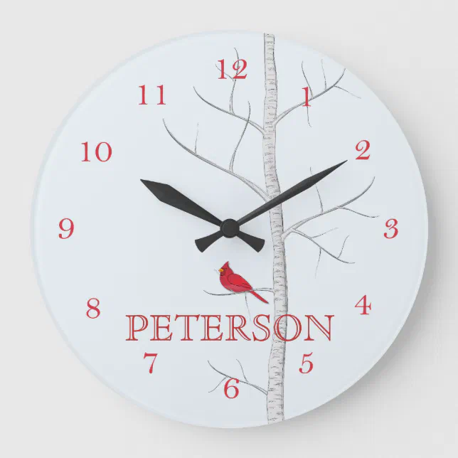 Modern Simple Winter Red Cardinal Minimalist Large Clock | Zazzle