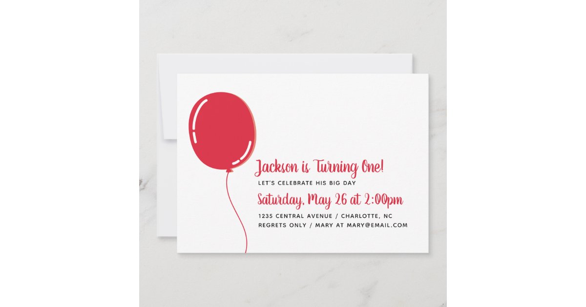 Modern Single Red Ballon Birthday Party Invitation | Zazzle
