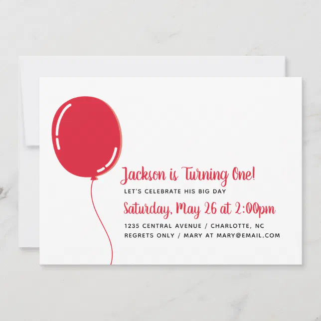 Modern Single Red Ballon Birthday Party Invitation | Zazzle