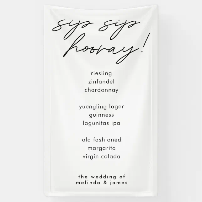 Modern Sip Sip Hooray Calligraphy Fabric Bar Menu Banner | Zazzle