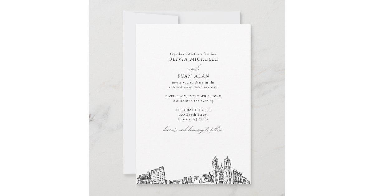 Modern Skyline Black & White Newark Wedding Invitation | Zazzle