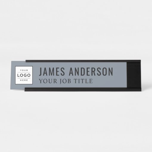 Modern Slate Blue Gray Personalized Business Logo Desk Name Plate | Zazzle
