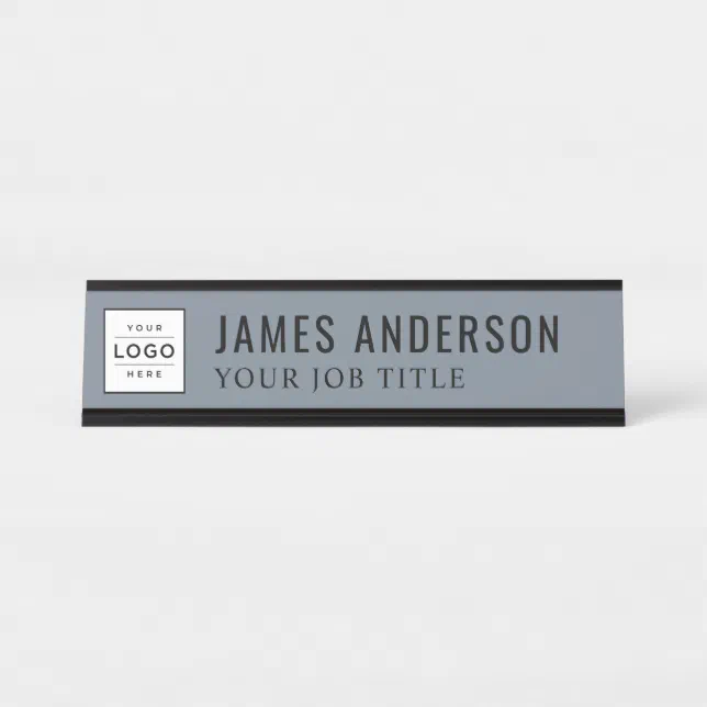 Modern Slate Blue Gray Personalized Business Logo Desk Name Plate | Zazzle