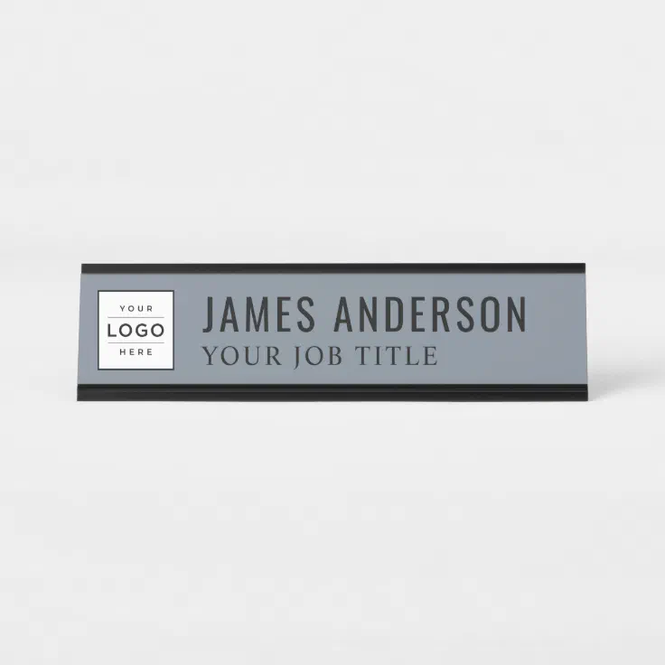 Modern Slate Blue Gray Personalized Business Logo Desk Name Plate | Zazzle
