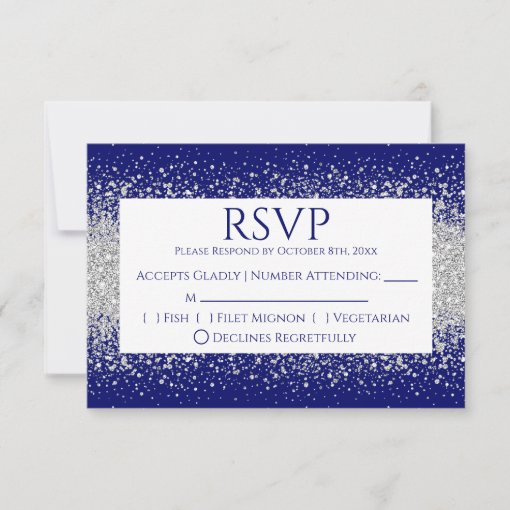 Modern Sliver Glitter on Royal Blue RSVP Card | Zazzle