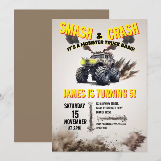 Modern SMASH & CRASH Monster Truck Birthday Party Invitation | Zazzle