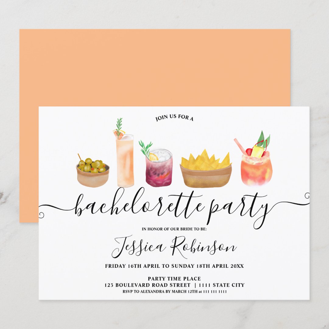 Modern snacks cocktails watercolor bachelorette invitation | Zazzle