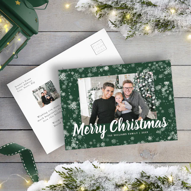 Modern Snowflake Photo Christmas Postcard | Zazzle