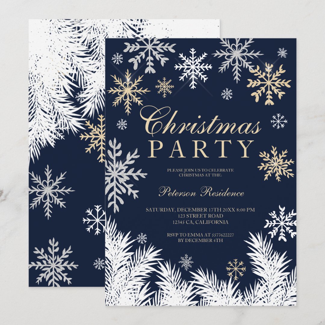 Modern snowflake pine navy winter Christmas party Invitation | Zazzle