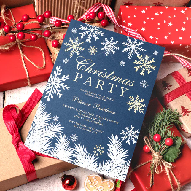 Modern snowflake pine navy winter Christmas party Invitation | Zazzle