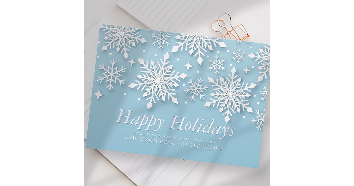 Modern Snowflakes Snow on Blue Holiday Greetings | Zazzle