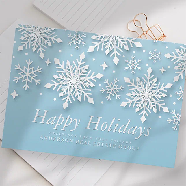 Modern Snowflakes Snow on Blue Holiday Greetings | Zazzle