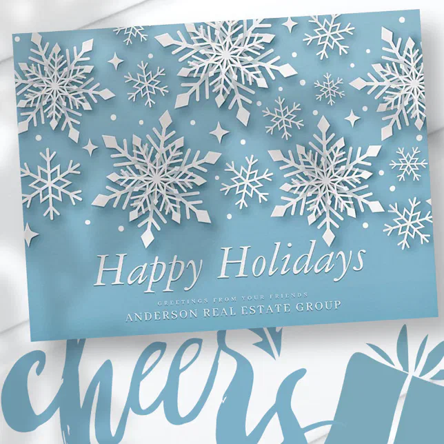 Modern Snowflakes Snow on Blue Holiday Greetings Postcard | Zazzle