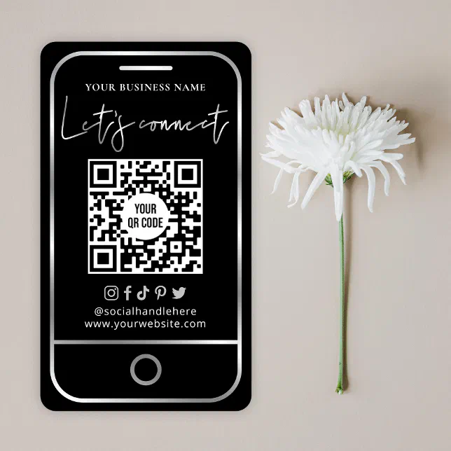 Modern Social Media Black & Silver Scannable QR Business Card | Zazzle