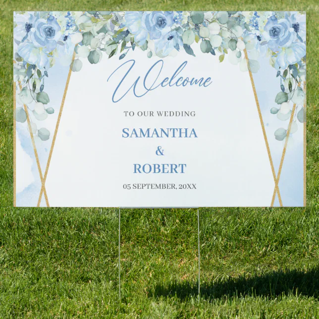 Modern soft pastel blue flowers gold Welcome Sign | Zazzle