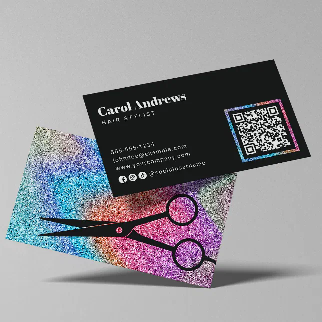 Modern Sparkle Black Hair Salon QR Code Business Card | Zazzle
