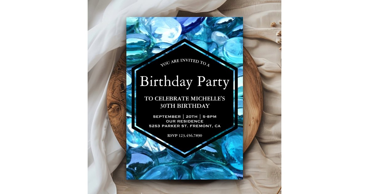 Modern Sparkling Blue Gemstones Birthday Party Invitation | Zazzle