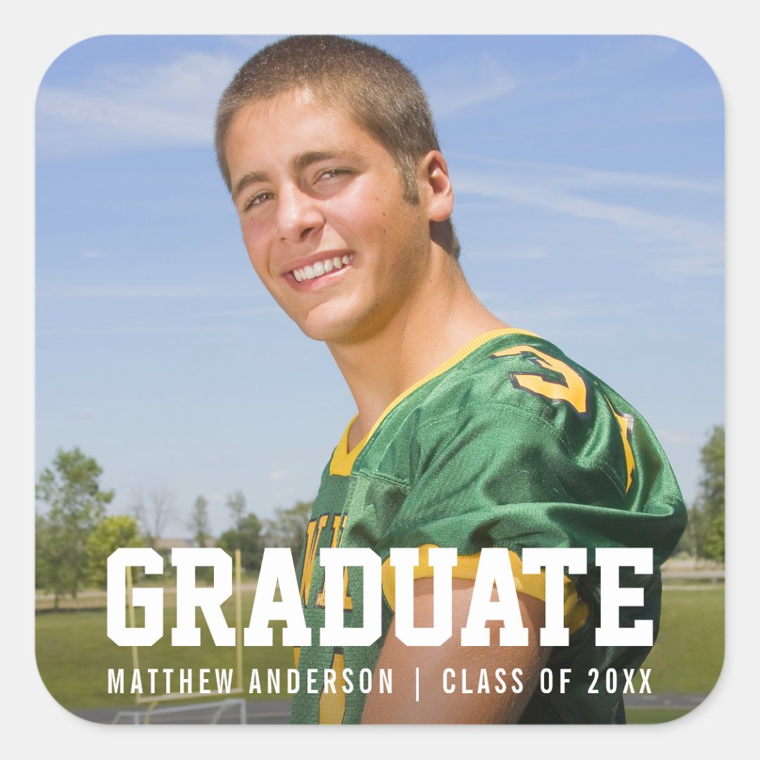 Modern Sporty Graduation Announcement Photo Square Sticker | Zazzle