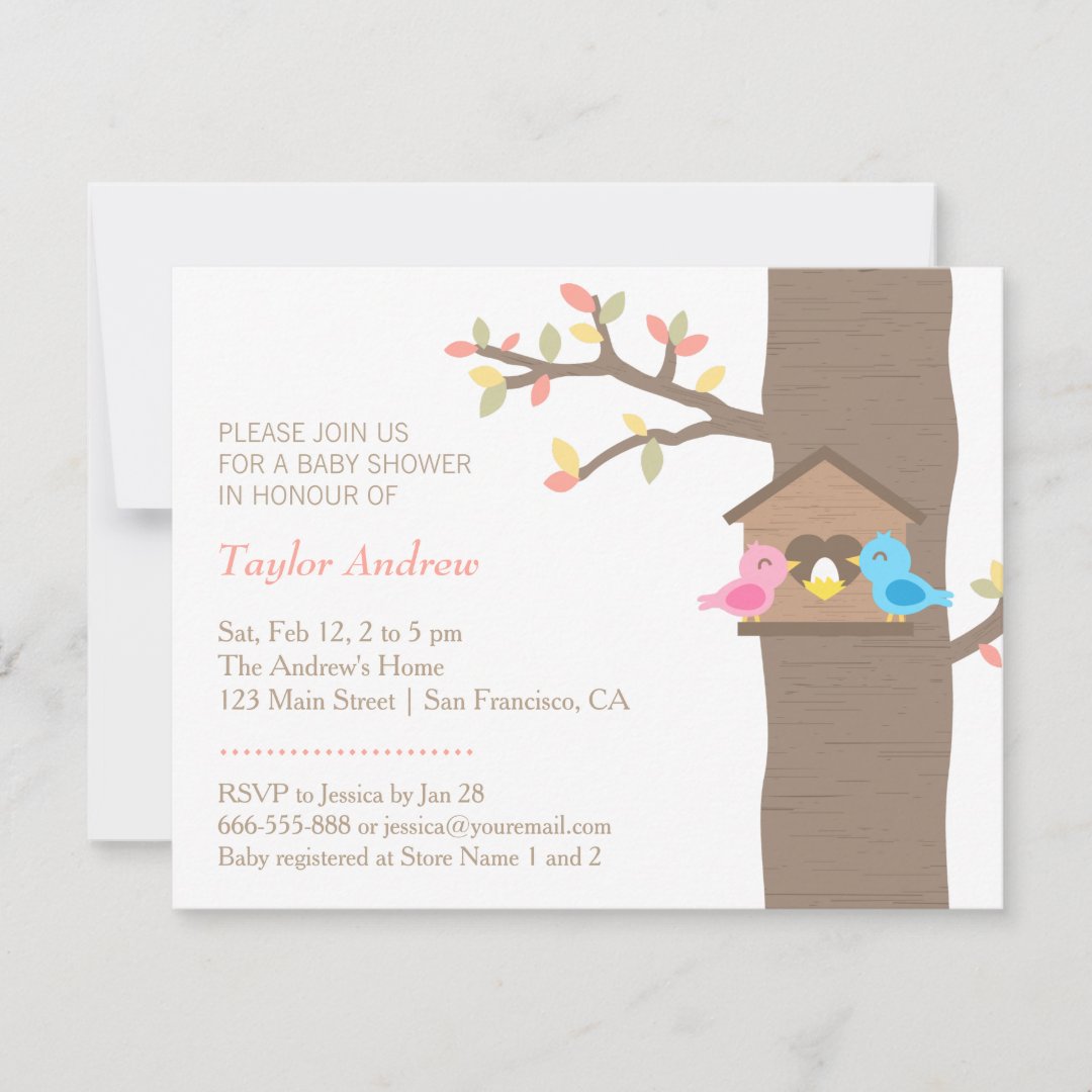 Modern Spring Birdhouse Nest Bird Baby Shower Invitation | Zazzle