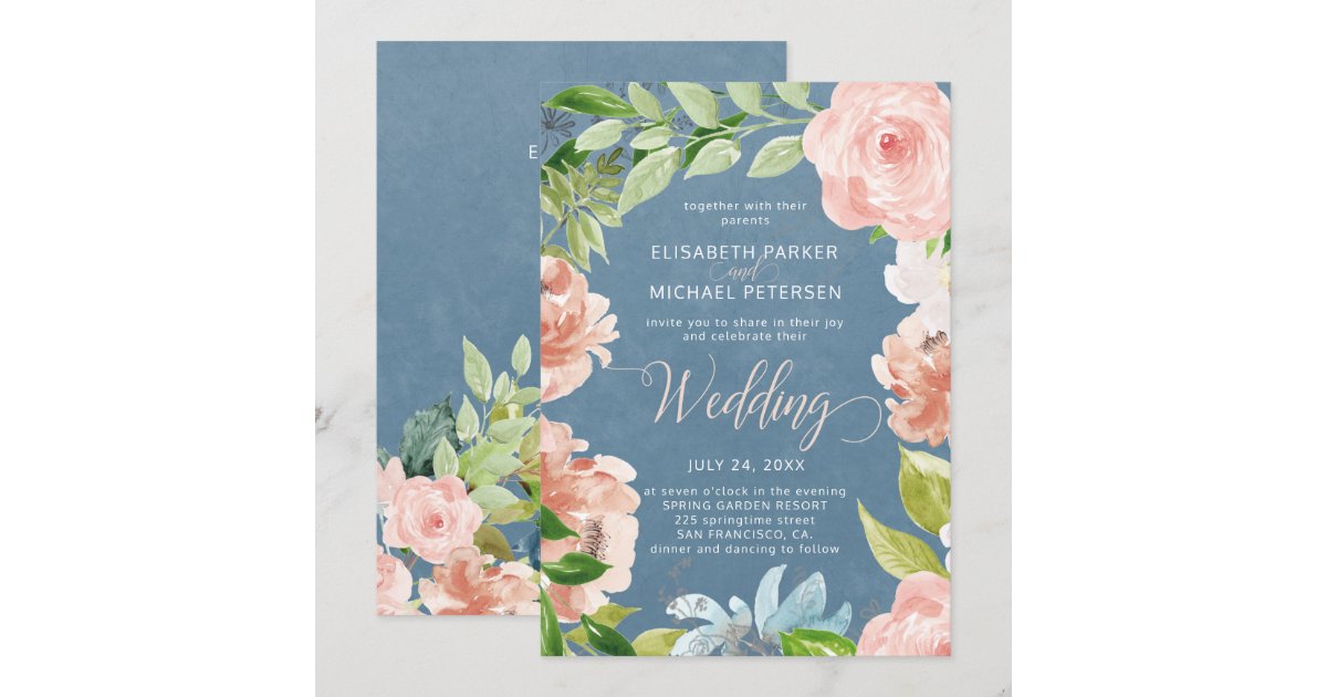 Modern spring dusty blue and orange floral wedding invitation | Zazzle