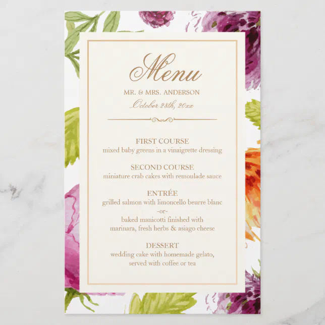Modern Spring Floral Easy Edit Wedding Dinner Menu | Zazzle