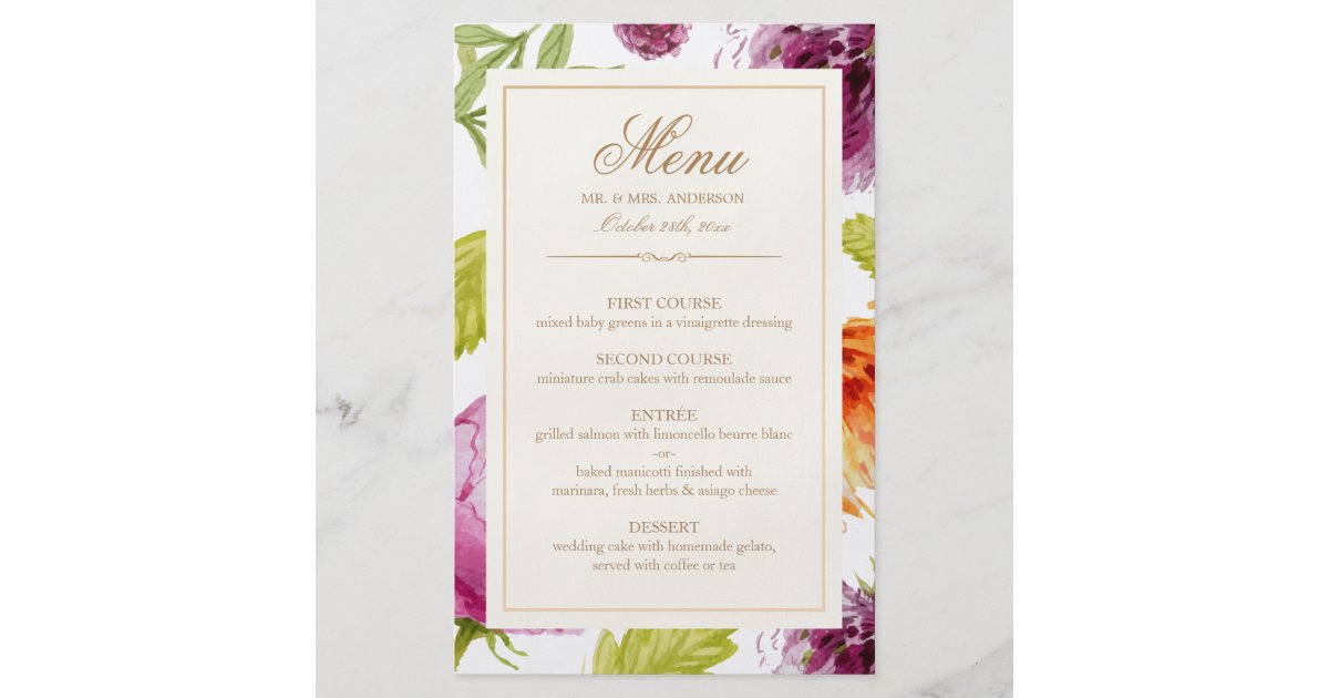Modern Spring Floral Easy Edit Wedding Dinner Menu | Zazzle.com