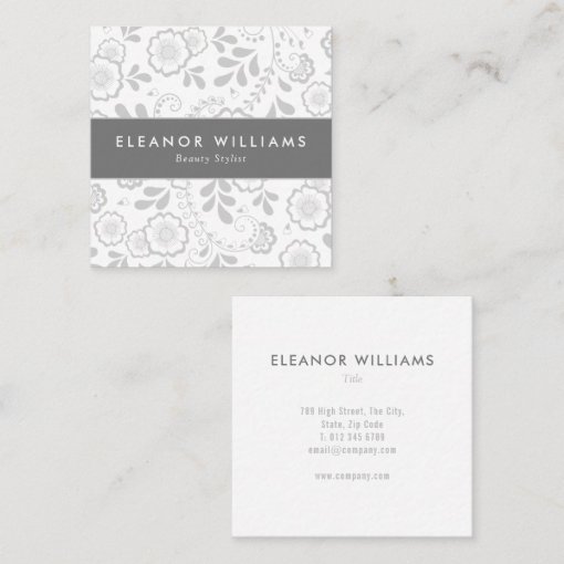 Modern Square White and Silver Floral Pattern Square Business Card | Zazzle
