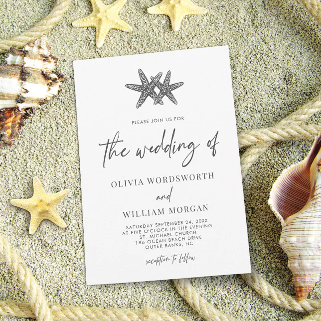 Modern Starfish Beach Script Minimal Wedding Invitation | Zazzle