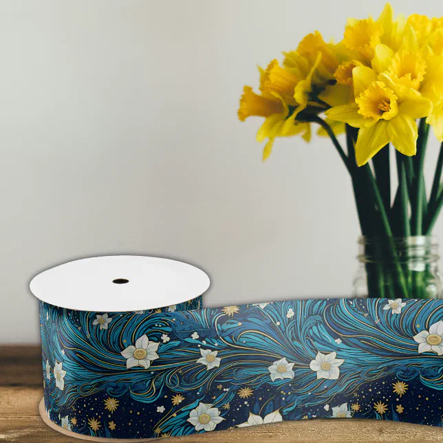 Modern Starry Night & White Lily Floral Satin Ribbon | Zazzle