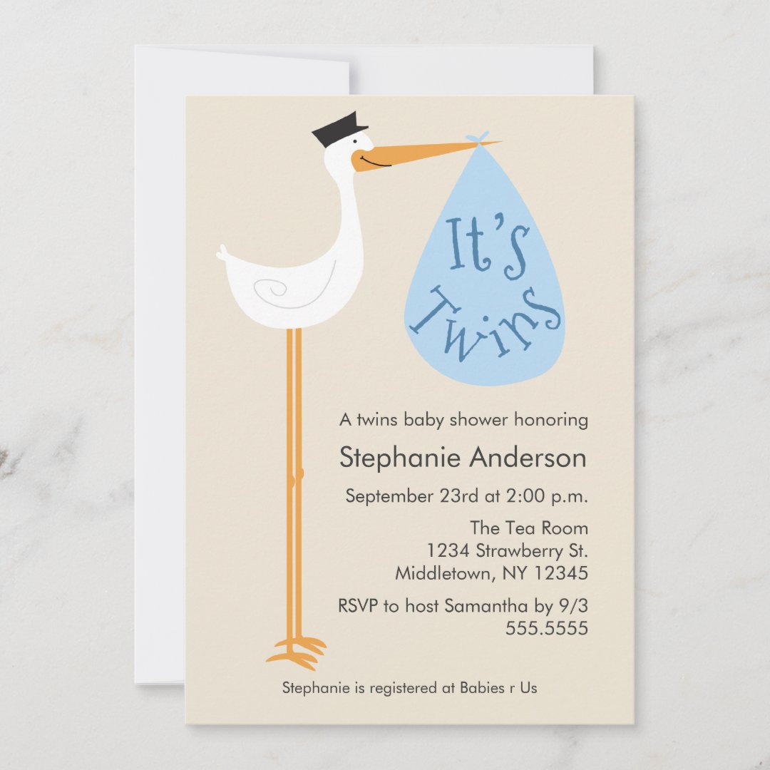 Modern Stork Baby Shower Invitation - Twin Boys | Zazzle