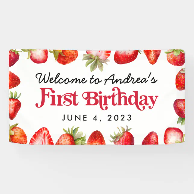 Modern Strawberry Kids First Birthday Welcome Banner | Zazzle