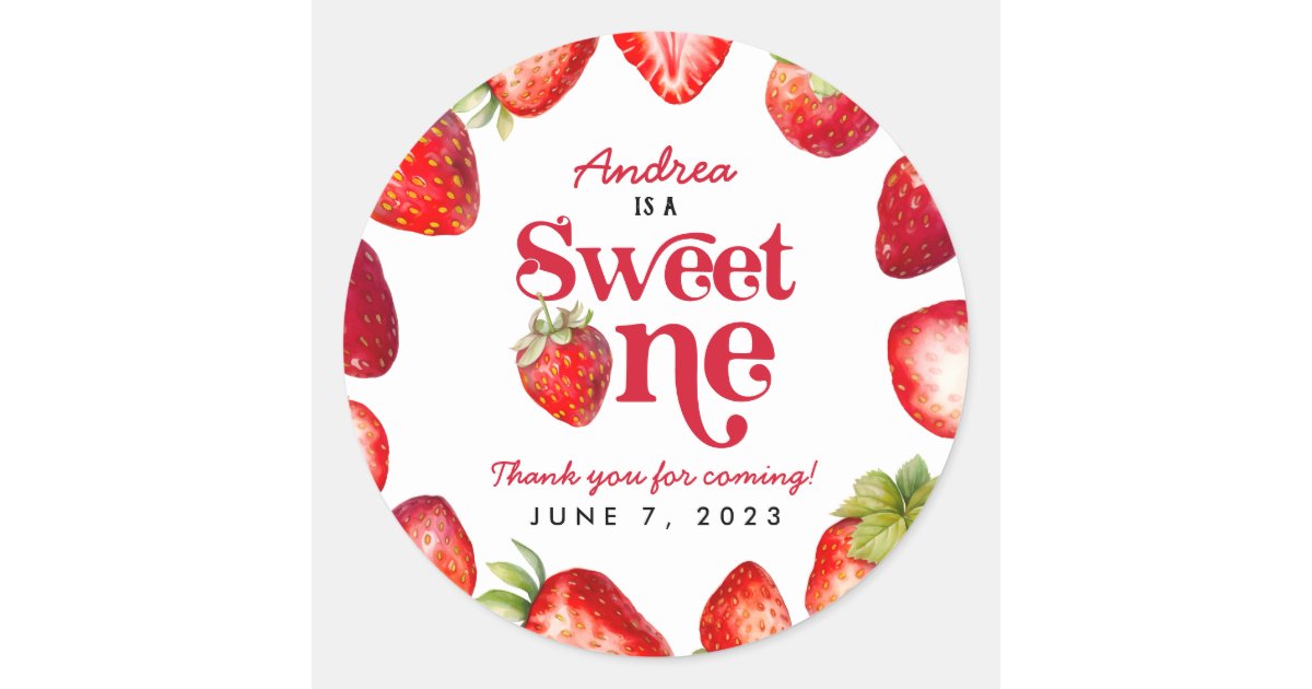 Modern Strawberry Sweet One First Birthday Girls Classic Round Sticker ...