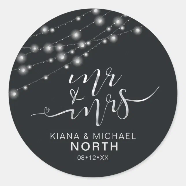 Modern String Lights Mr and Mrs B&W ID585 Classic Round Sticker | Zazzle