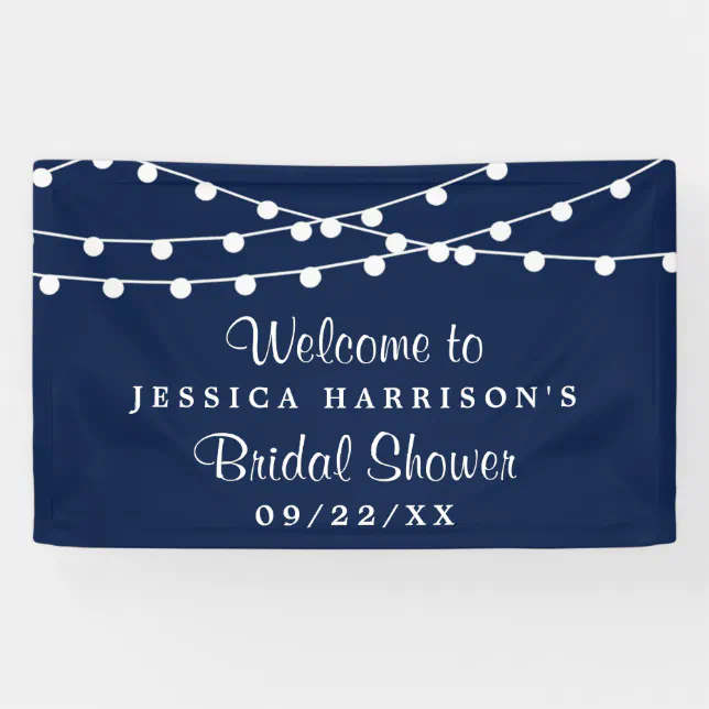 Modern String Lights On Navy Blue Bridal Shower Banner | Zazzle