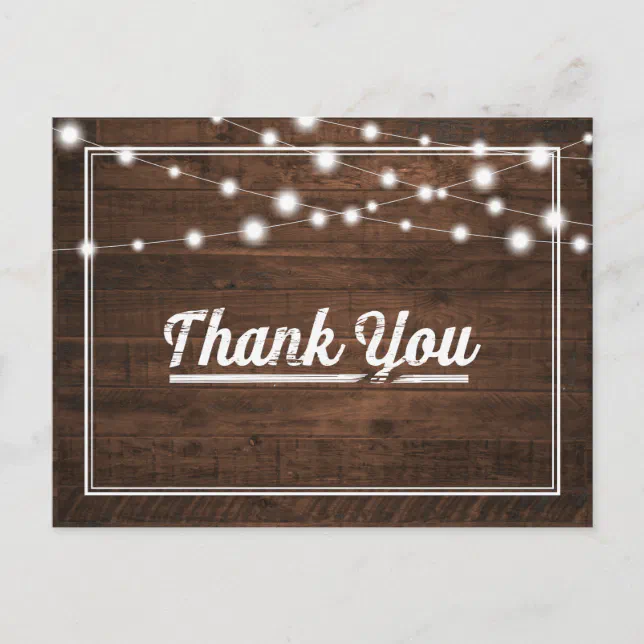 Modern String Lights on Wood Rustic Thank You Postcard | Zazzle