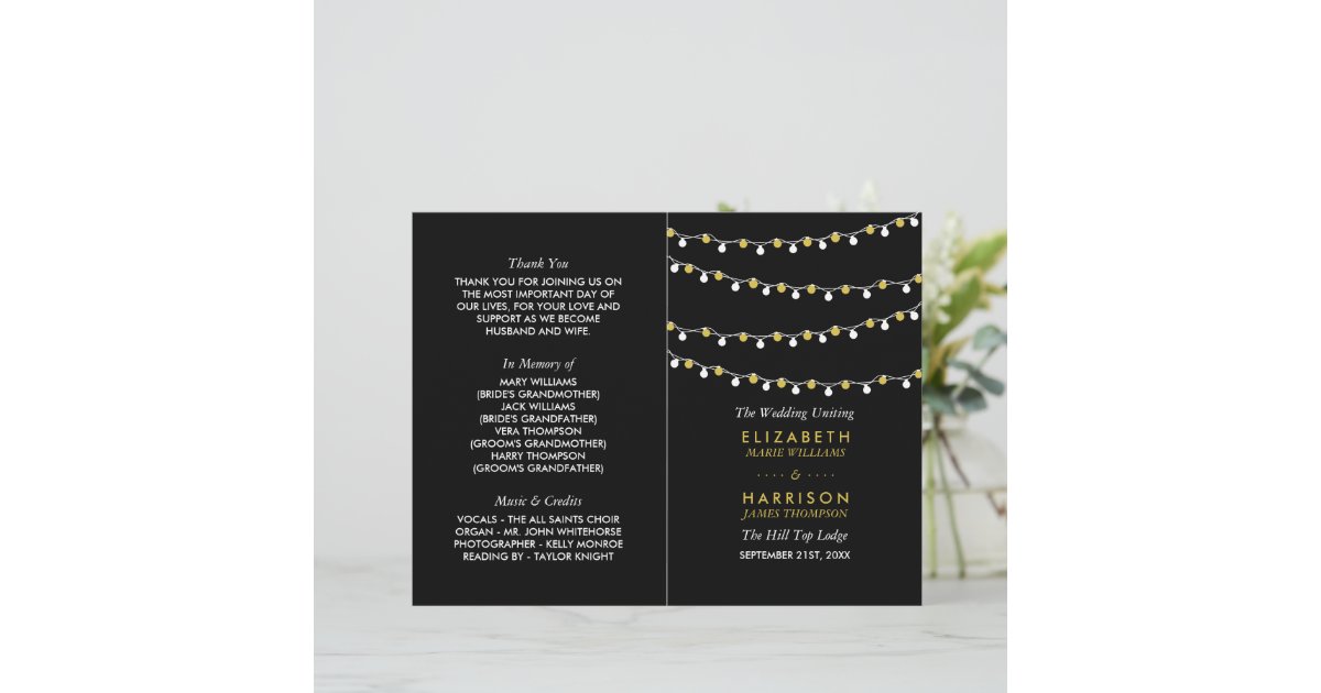 Modern String Lights, White/Gold Wedding Programme | Zazzle