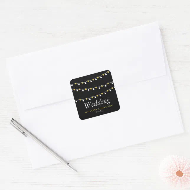 Modern String Lights, White & Gold Wedding Square Sticker | Zazzle